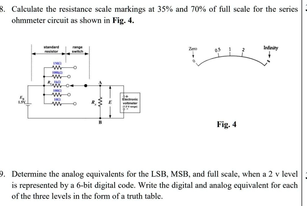 8. Calculate the resistance scale markings at 35% and 70% of full scale ...