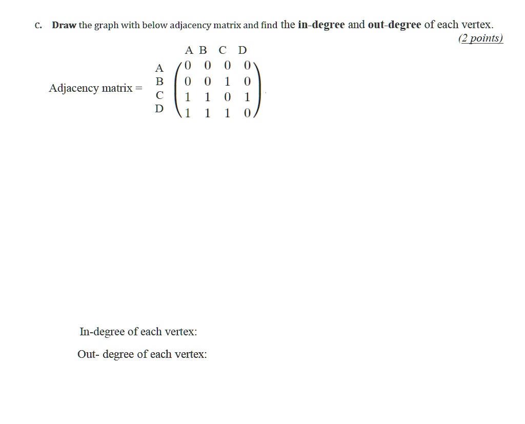 SOLVED: Draw the graph with below adjacency matrix and find the in ... SOLVED: Draw the graph with below adjacency matrix and find the in ...