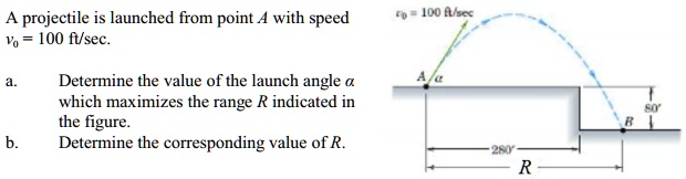 A projectile is launched from point A with speed v0 = 100 ft/sec. a. Determine the value of the ...