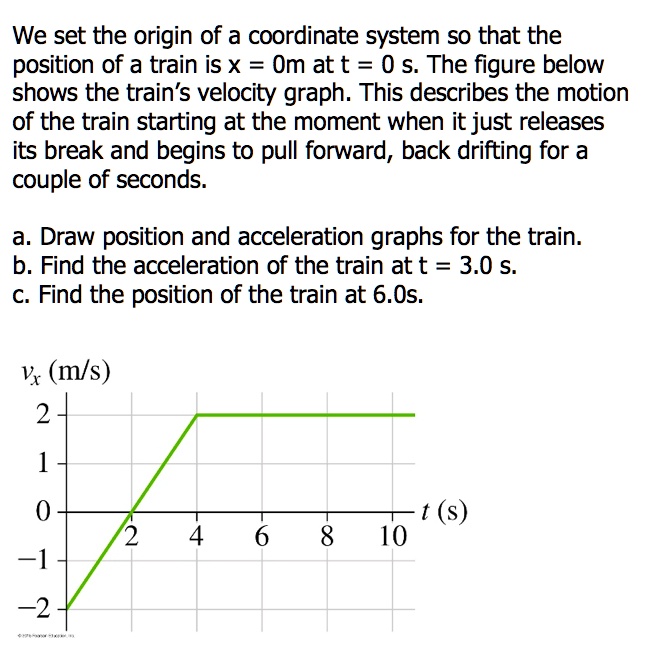 SOLVED: We set the origin of a coordinate system so that the position of a train is X Om at t 0 ...