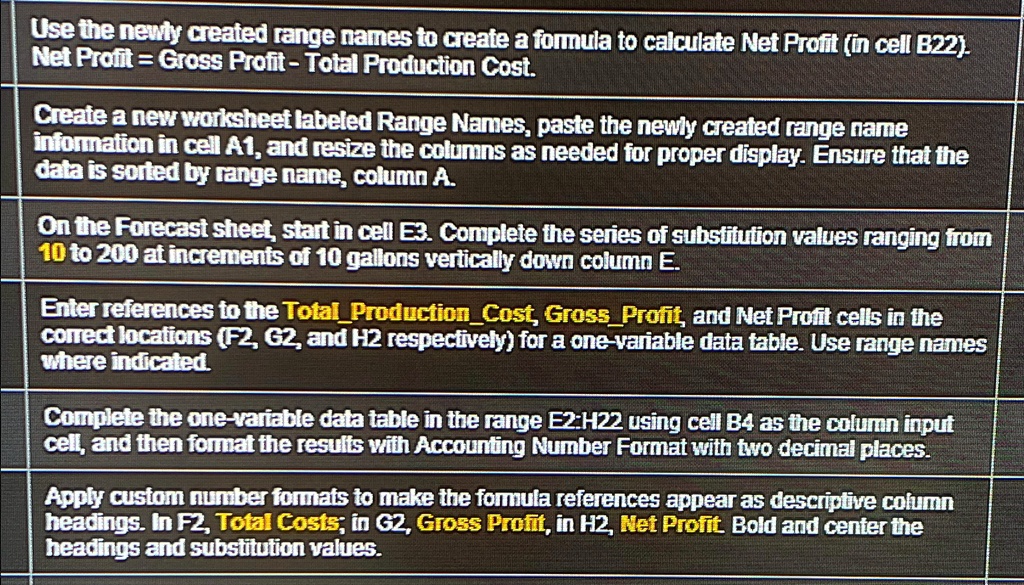 Use the newly created range names to create a formula to calculate Net Profit in cell B22. Net ...