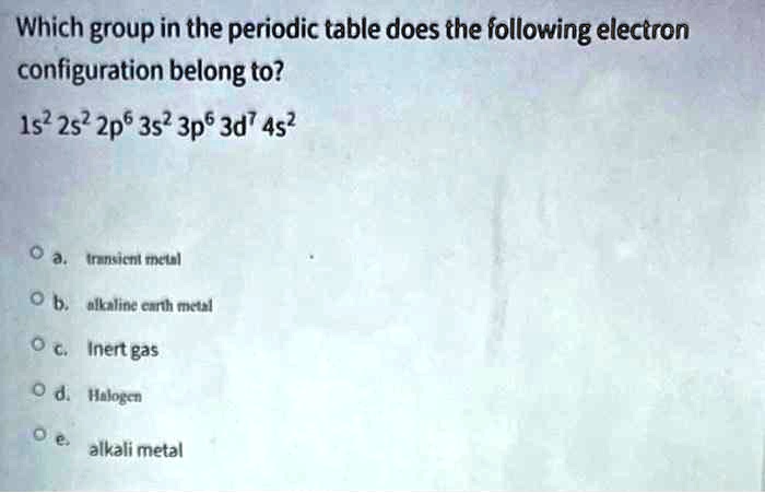 SOLVED: Which group in the periodic table does the following electron configuration belong to ...