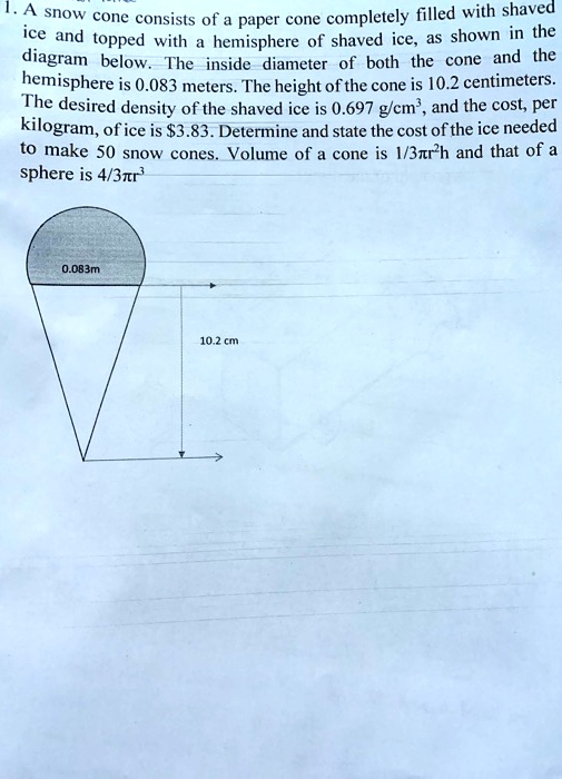 SOLVED: A snow cone consists of paper cone completely filled with shaved ice and topped with ...