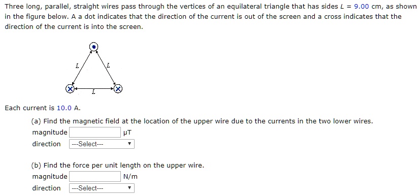 three long parallel straight wires pass through the vertices of an ...