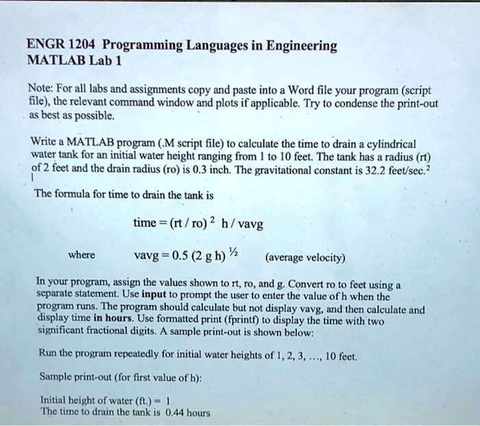 Solved Engr 1204 Programming Languages In Engineering Matlab Lab 1 Note For All Labs And