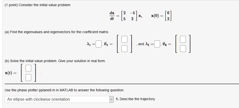 (dx)/(dt) = x, x(0) = (a) Find the eigenvalues and eigenvectors for the coefficient matrix. λ1 ...