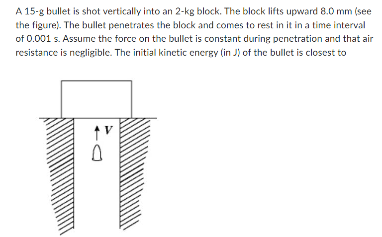A 15-g bullet is shot vertically into an 2-kg block. The block lifts ...