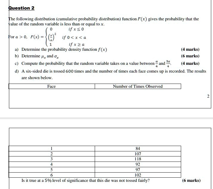 SOLVED: Question 2 The following distribution (cumulative probability ...