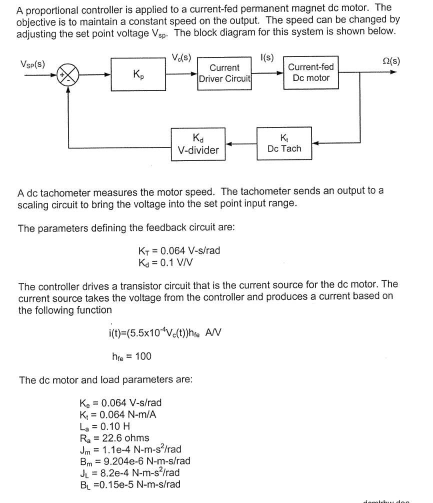 SOLVED: A proportional controller is applied to a current-fed permanent magnet dc motor. The ...