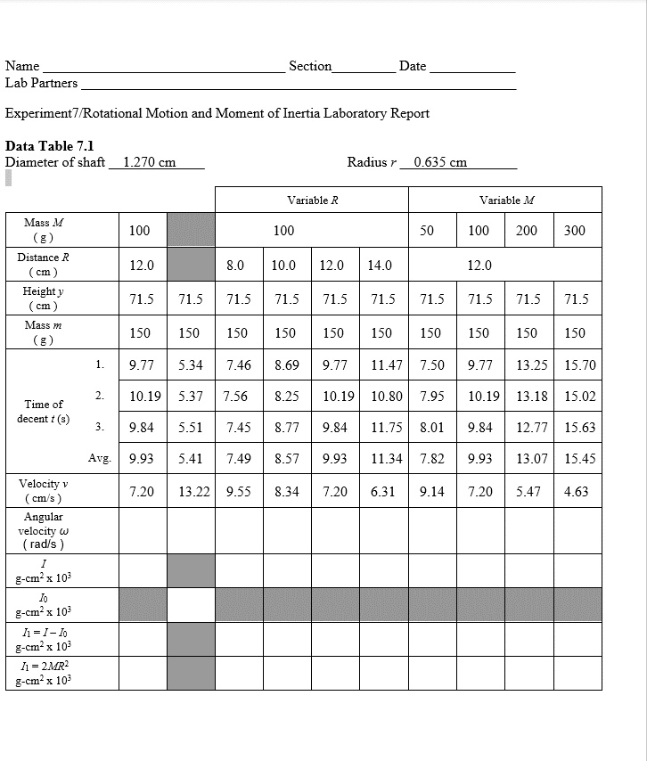 SOLVED:Name Lab Partners Section_ Date Experiment? Rotational Motion and Moment of Inertia ...
