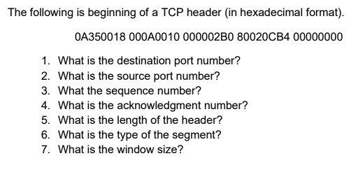 Solved The Following Is The Beginning Of A Tcp Header In Hexadecimal Format 0a350018