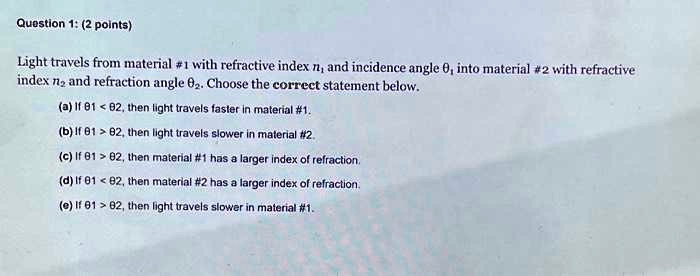 Question 1: (2 points) Light travels from material #1 with refractive index n1 and incidence ...