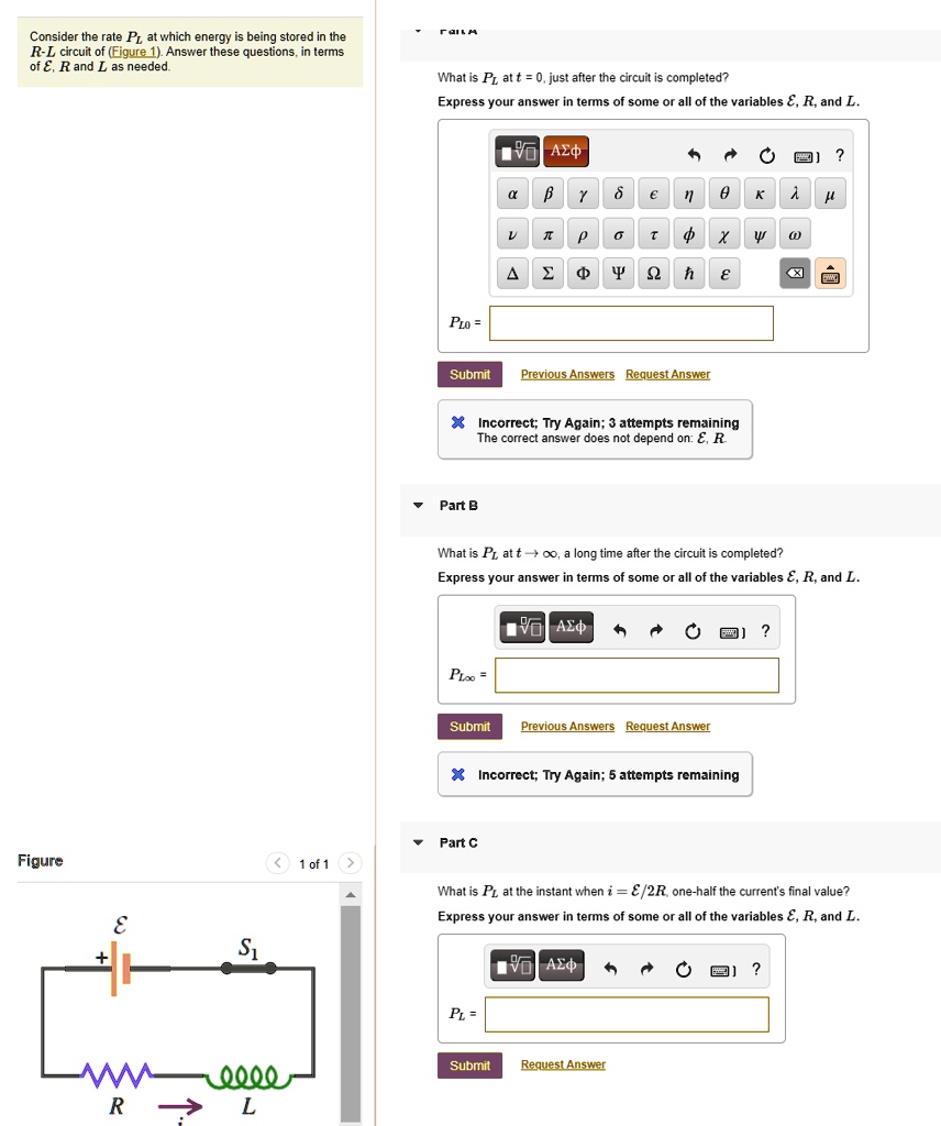 SOLVED: Consider the rate PL at which energy is being stored in the R-L ...
