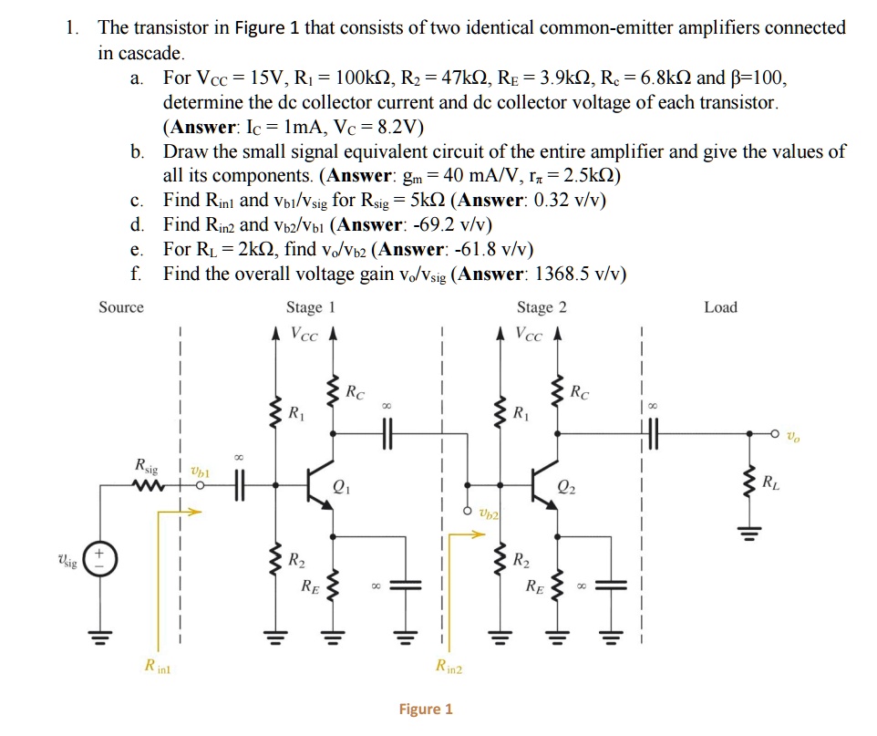 SOLVED: The transistor in Figure 1 consists of two identical common-emitter amplifiers connected ...