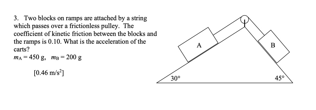 two blocks on ramps are attached by a string which passes over a frictionless pulley the ...
