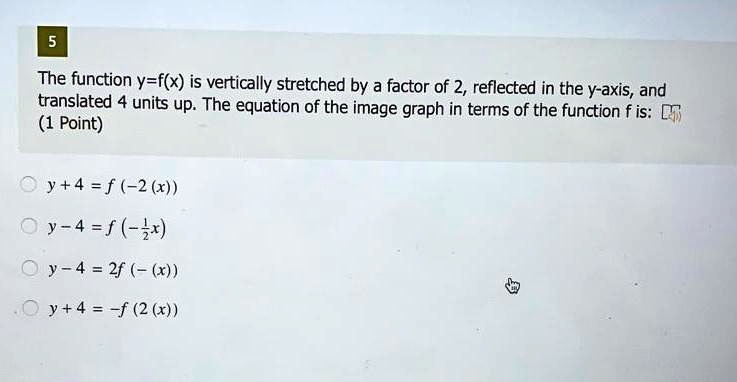 SOLVED: The function y=f(x) is vertically stretched by a factor of 2, reflected in the Y-axis ...