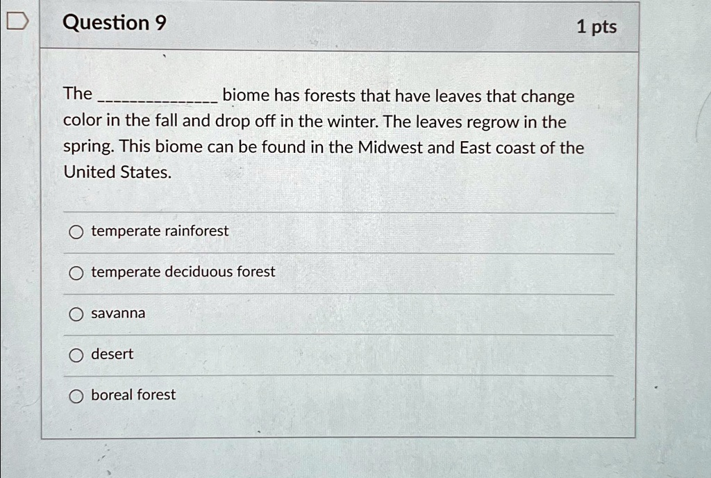 Question 9 1 pts The biome has forests that have leaves that change ...