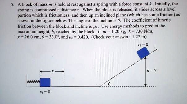 a block of mass m is held at rest against a spring with force constant k initially the spring is ...