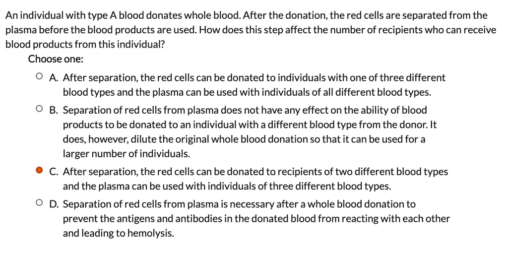 SOLVED: An individual with type A blood donates whole blood. After the ...