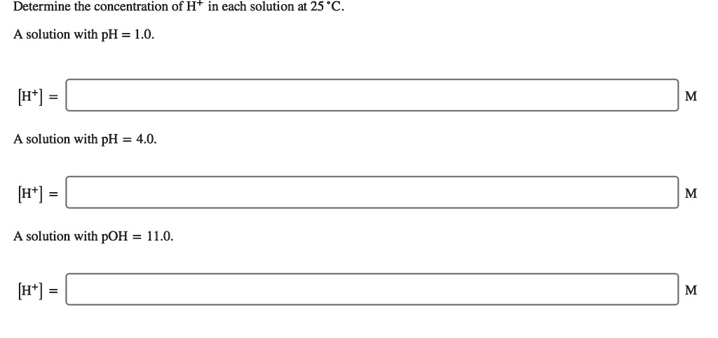 Determine the concentration of H+ in each solution at 25 'C A solution ...
