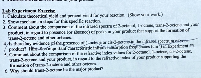 lab experiment exercise 1 calculate theoretical yield and percent yield for your reaction show ...