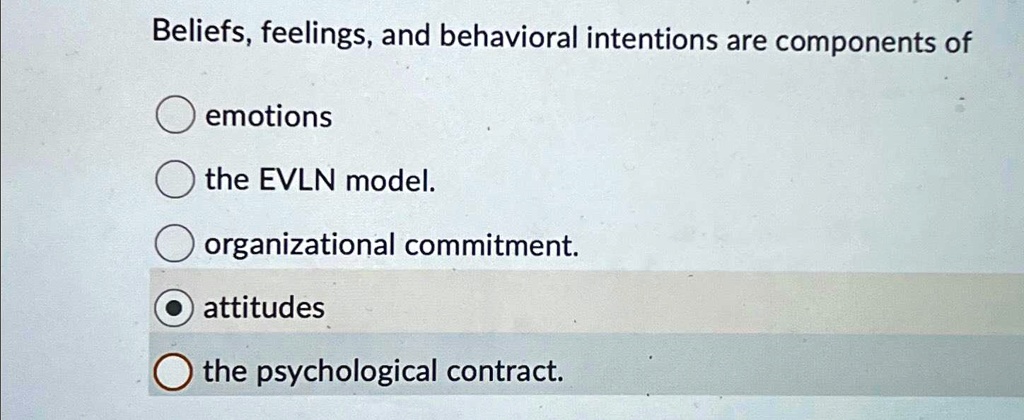 SOLVED: Beliefs, feelings, and behavioral intentions are components of ...