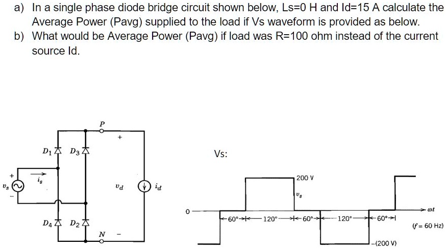 a) In a single phase diode bridge circuit shown below, Ls=0 H and Id=15 ...