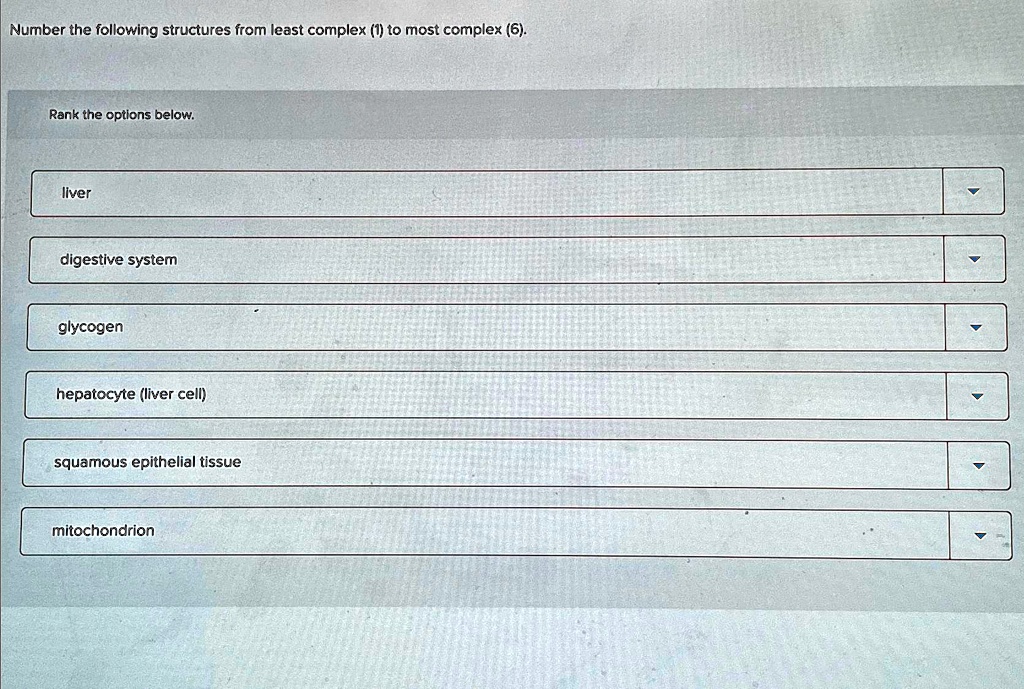 [GET ANSWER] Number the following structures from least complex (1) to most complex (6). Rank ...