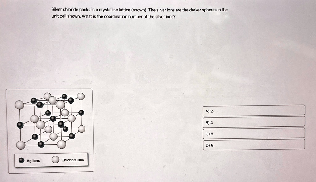 silver chloride packs in a crystalline lattice shown the silver ions ...
