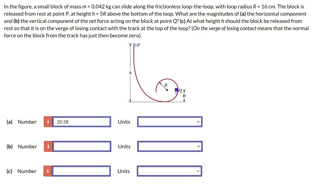 SOLVED: In the figure, a small block of mass m = 0.042 kg can slide along the frictionless loop ...