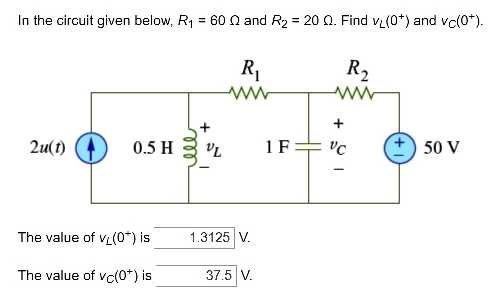 In the circuit given below, R1 = 60 Ω and R2 = 20 Ω. Find vL(0^+) and vC(0^+). The value of vL(0 ...