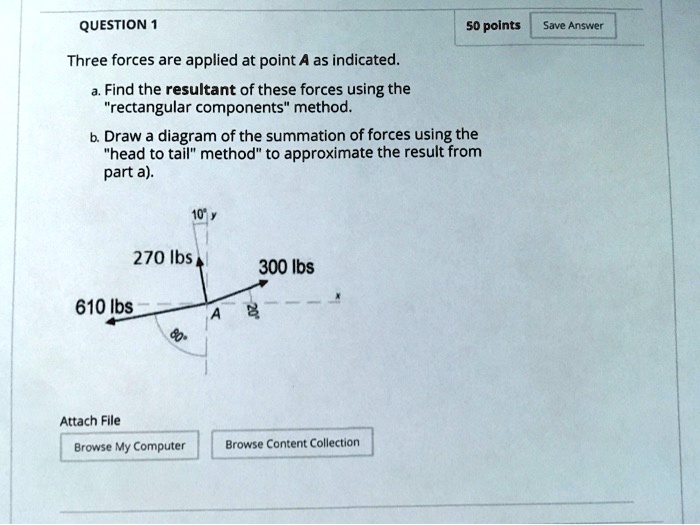 SOLVED: QUESTION 50 polnts Suve Ansier Three forces are applied at point A as indicated: Find ...