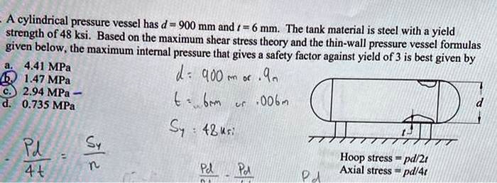 A cylindrical pressure vessel has d = 900 mm and t = 6 mm. The tank ...