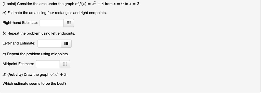SOLVED:point) Consider the area under the graph of f(x) = x2 + 3 fromx ...