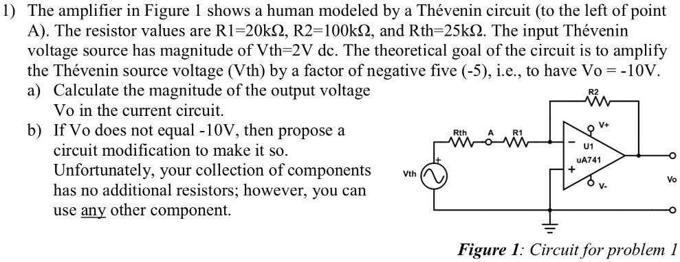 1) The amplifier in Figure 1 shows a human modeled by a Thévenin circuit (to the left of point A ...