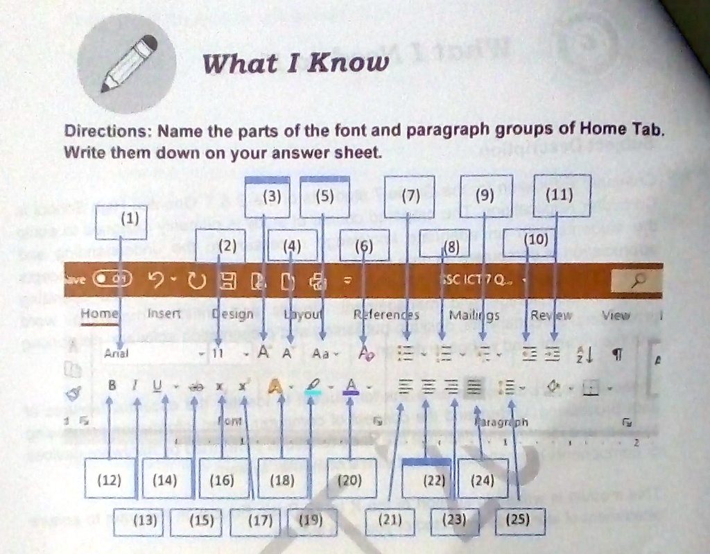 What I Know Directions: Name the parts of the font and paragraph groups ...