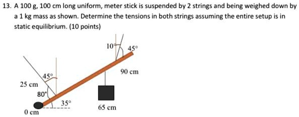 SOLVED:A 100 &, 100 cm long uniform, meter stick suspended by_ strings ...