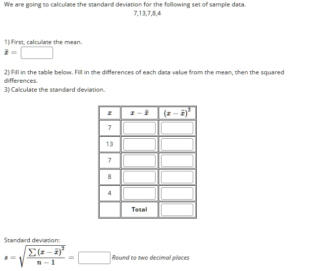 we are going to calculate the standard deviation for the following set of sample data 713784 1 ...