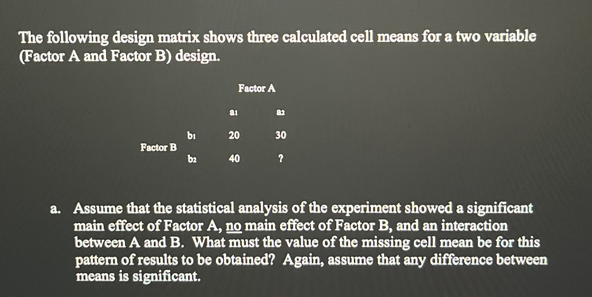 SOLVED: The following design matrix shows three calculated cell means for a two variable (Factor ...