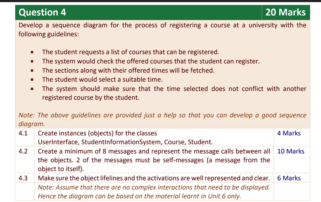 SOLVED: Question 4 - 20 Marks Develop a sequence diagram for the process of registering a course ...
