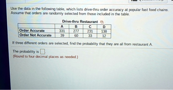 SOLVED: Use the data in the following table, which lists drive-thru order accuracy at popular ...