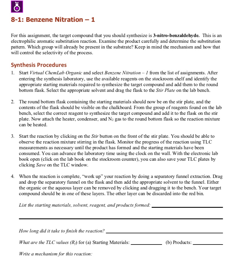8 1 benzene nitration for this assignment the target compound that you ...