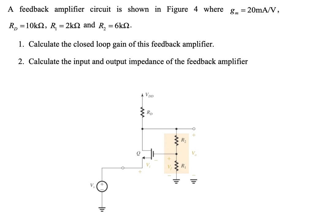 SOLVED: A feedback amplifier circuit is shown in Figure 4 where g = 20 mA/V, R1 = 10 kÎ©, R2 = 2 ...