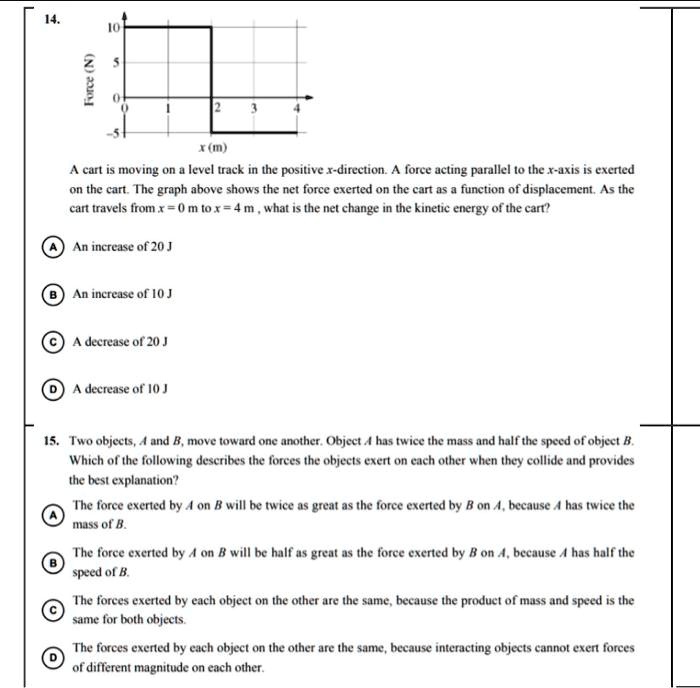 14. 10- Force (N) 5 0 -5 1 2 3 4 x (m) A cart is moving on a level track in the positive x ...