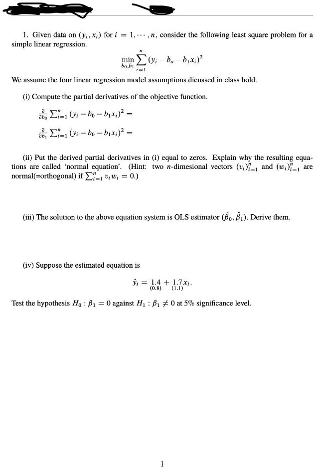 Solved Given Data On Yi Xi For 1 Simple Linear Regression 6521