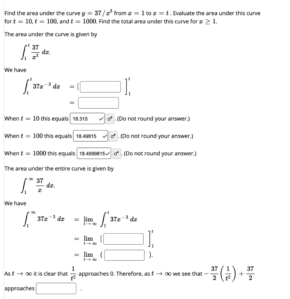 SOLVED: Find the area under the curve y 37 23 from € = lto x = t ...