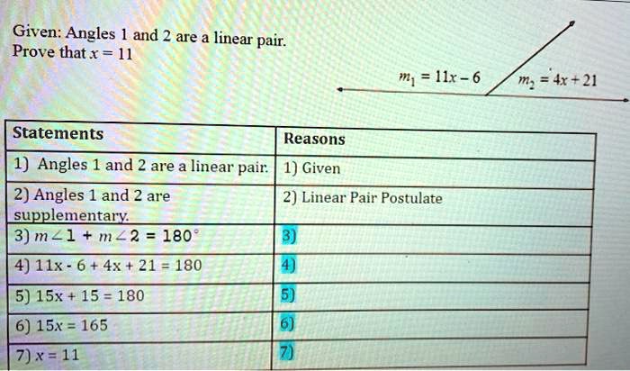 Given: Angles 1 and 2 are a linear pair. Prove that x = 11 Statements ...