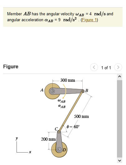 Member AB has the angular velocity ωAB = 4 rad/s and angular acceleration αAB = 9 rad/s^2 (Figure 1)