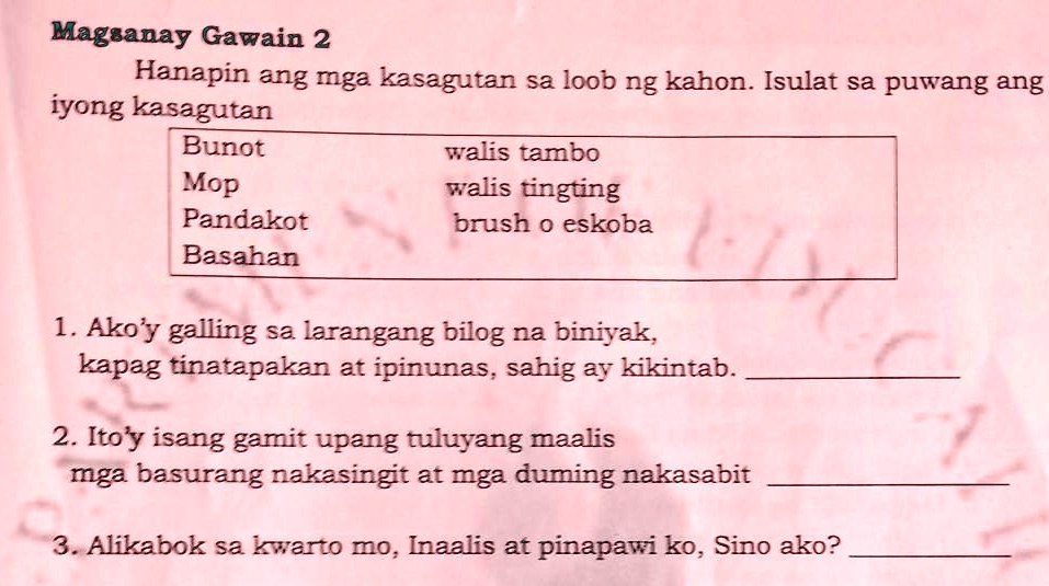 SOLVED: 1.ako'y galing sa larangang bilog na biniyak, kapag tinatapakan ...