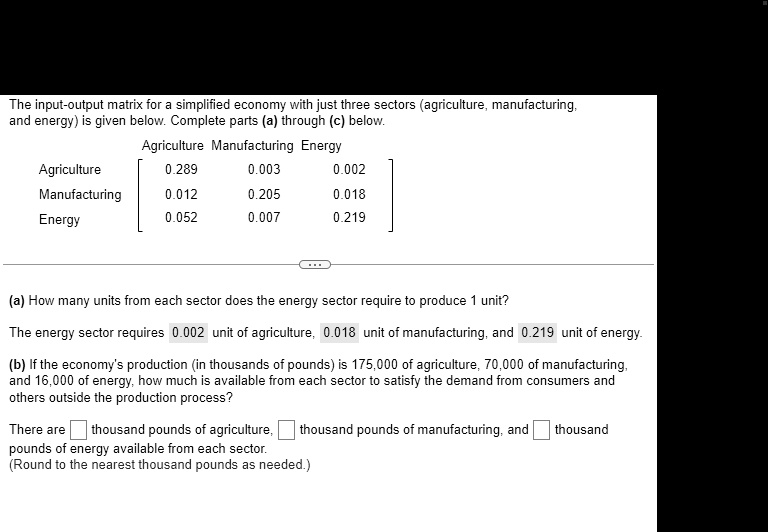 SOLVED: The input-output matrix for a simplified economy with just ...